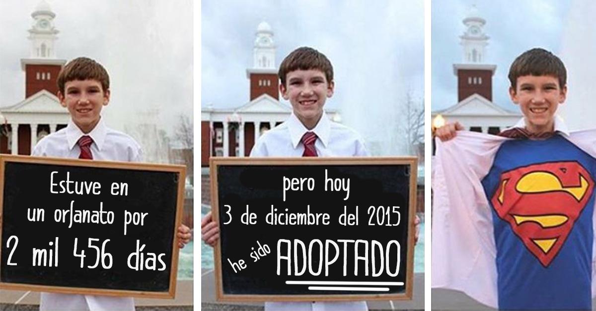 20 emotivas fotos de niños adoptados con un letrero