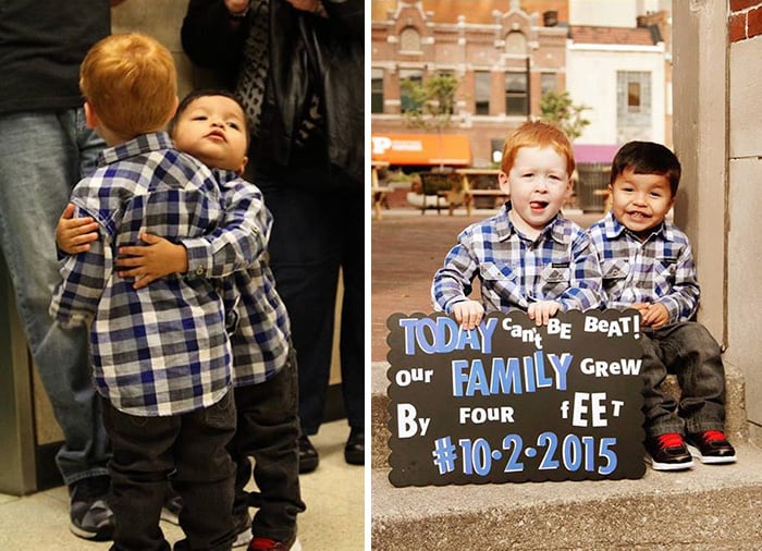 20 emotivas fotos de niños adoptados con un letrero