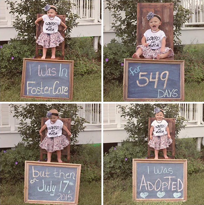 20 emotivas fotos de niños adoptados con un letrero