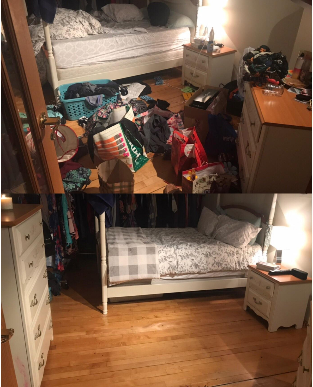 Imágenes del antes y el después de habitaciones desordenadas