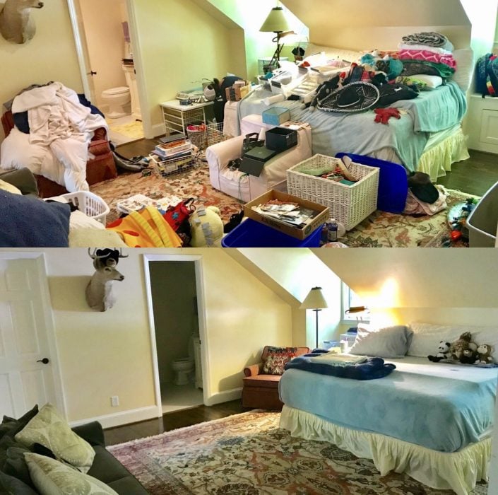 Imágenes del antes y el después de habitaciones desordenadas
