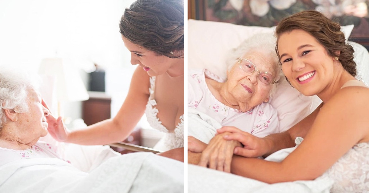 Chica Visita A Su Abuelita Enferma Con Su Vestido De Novia