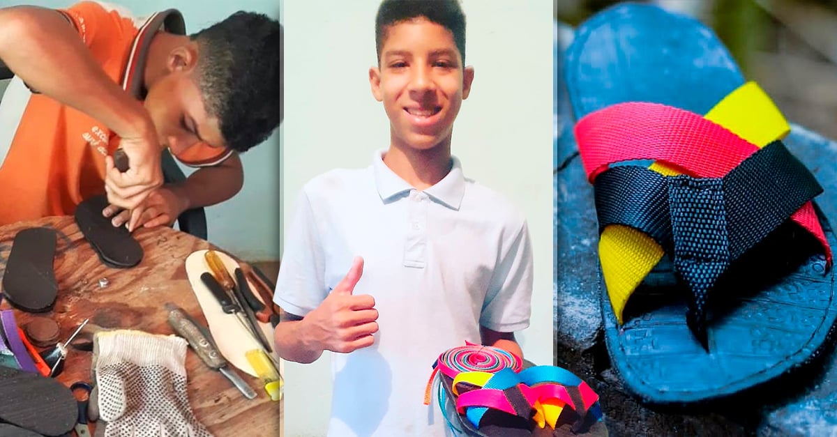 Chico hace unas chanclas con llanta para no caminar descalzo