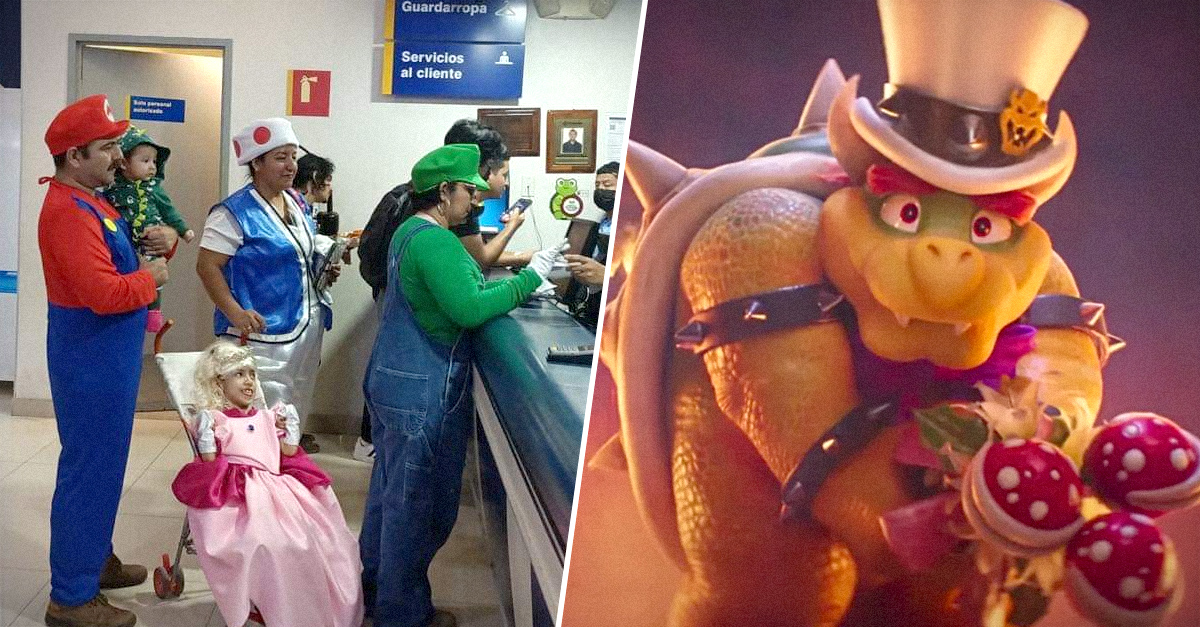 Familia se disfraza para ir al cine a ver a Mario Bros Familia se disfraza para ir al cine a ver a Mario Bros